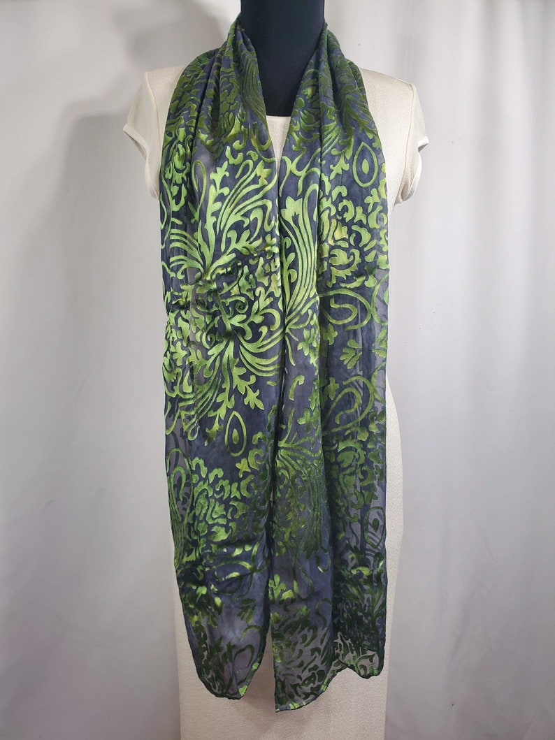 Green and Black Satin Burnout Devore Scarf | 14 X 72 Inches | Silk and ...