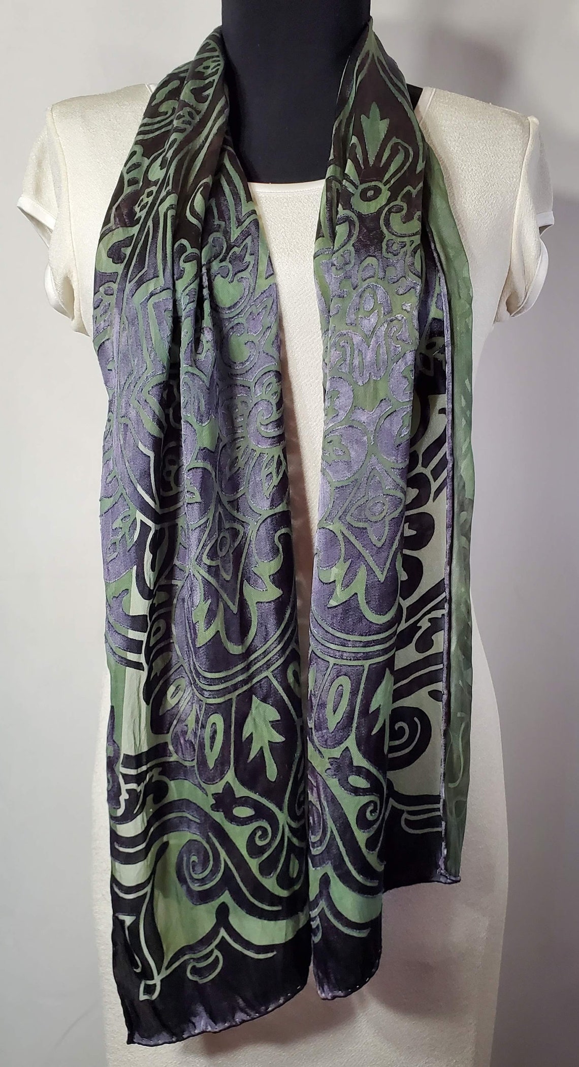 Green and Black Satin Burnout Devore Scarf 15 X 60 Inches Silk and ...