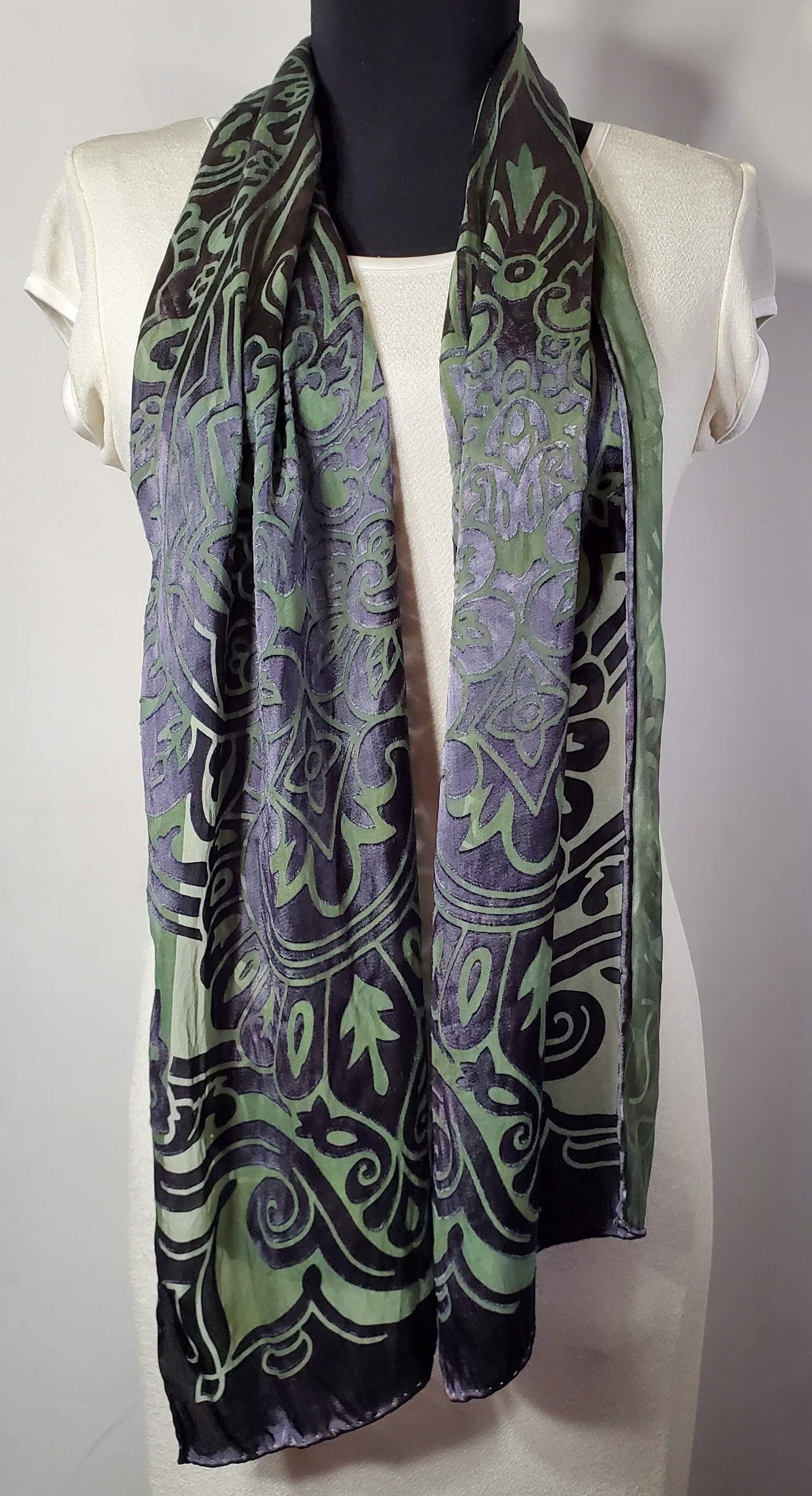 Hand-dyed Green & Black Devore Scarf: Silk Rayon Arabesque - Etsy