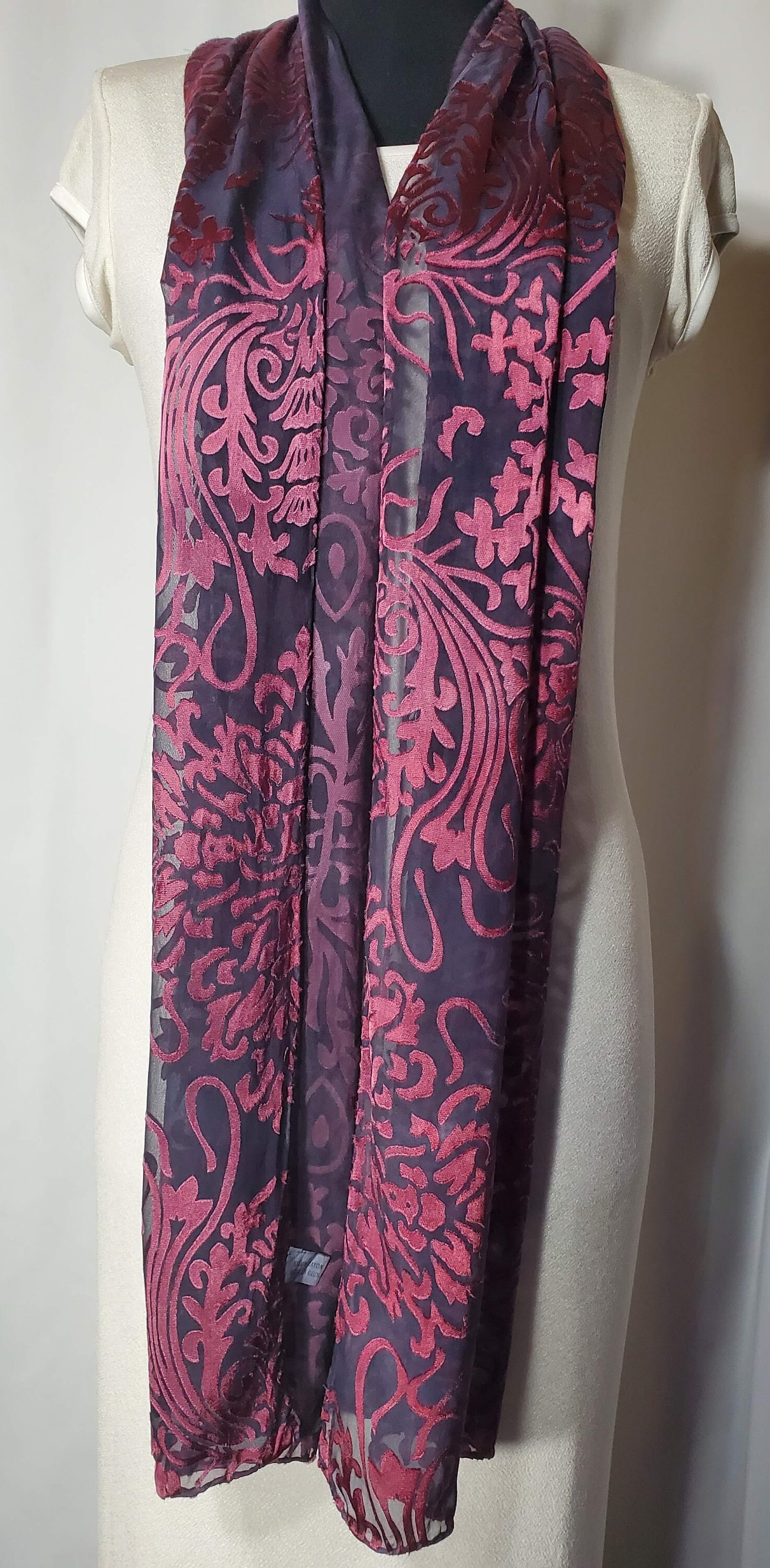 Purple and Black Satin Burnout Devore Scarf 14 X 72 Inches Silk and ...