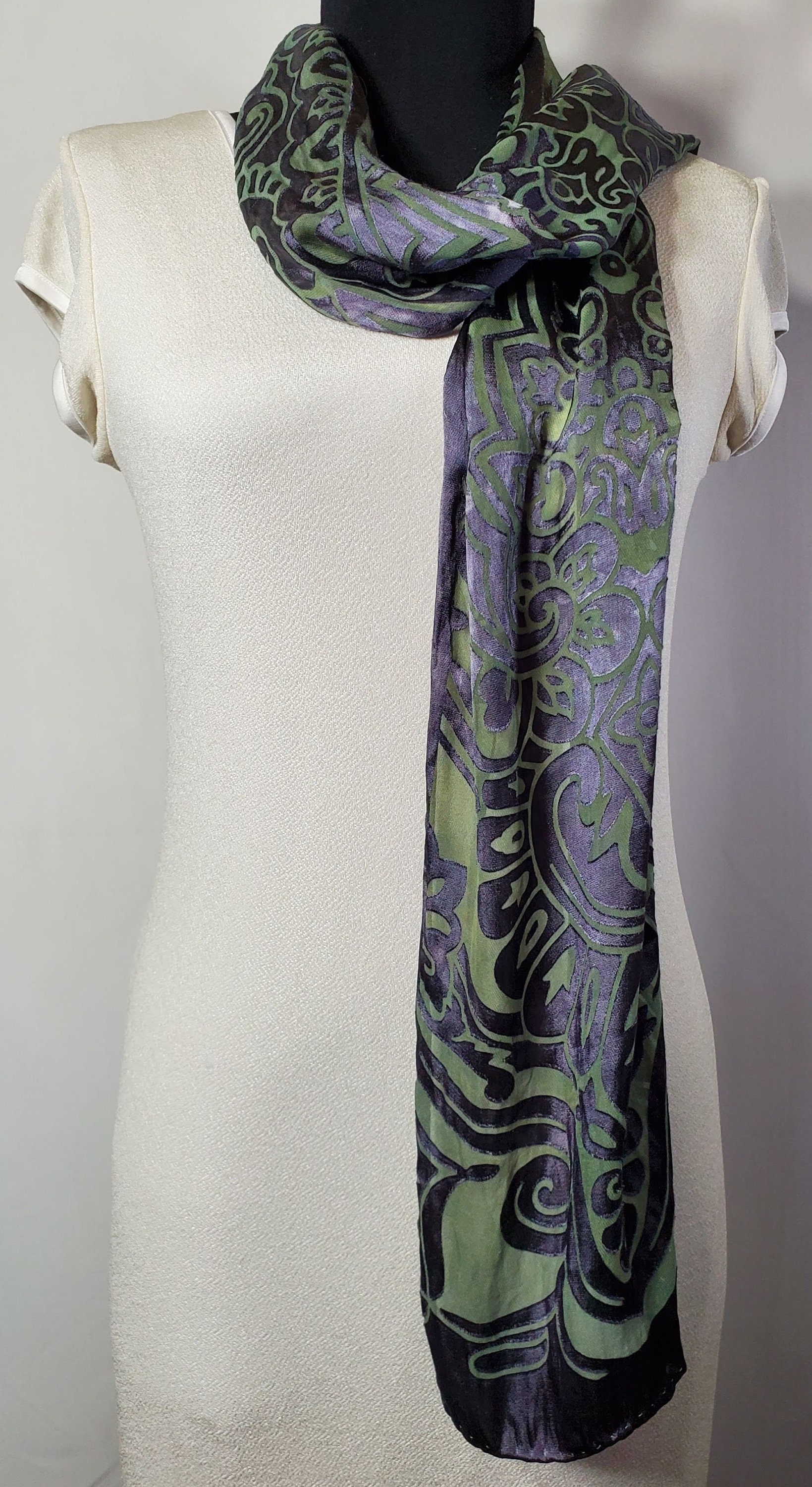 Green and Black Satin Burnout Devore Scarf | 15 X 60 Inches | Silk and ...