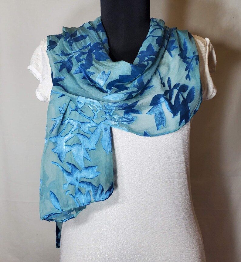 Blue and Green Satin Burnout Devore Scarf 15 X 60 Inches Silk and Rayon ...