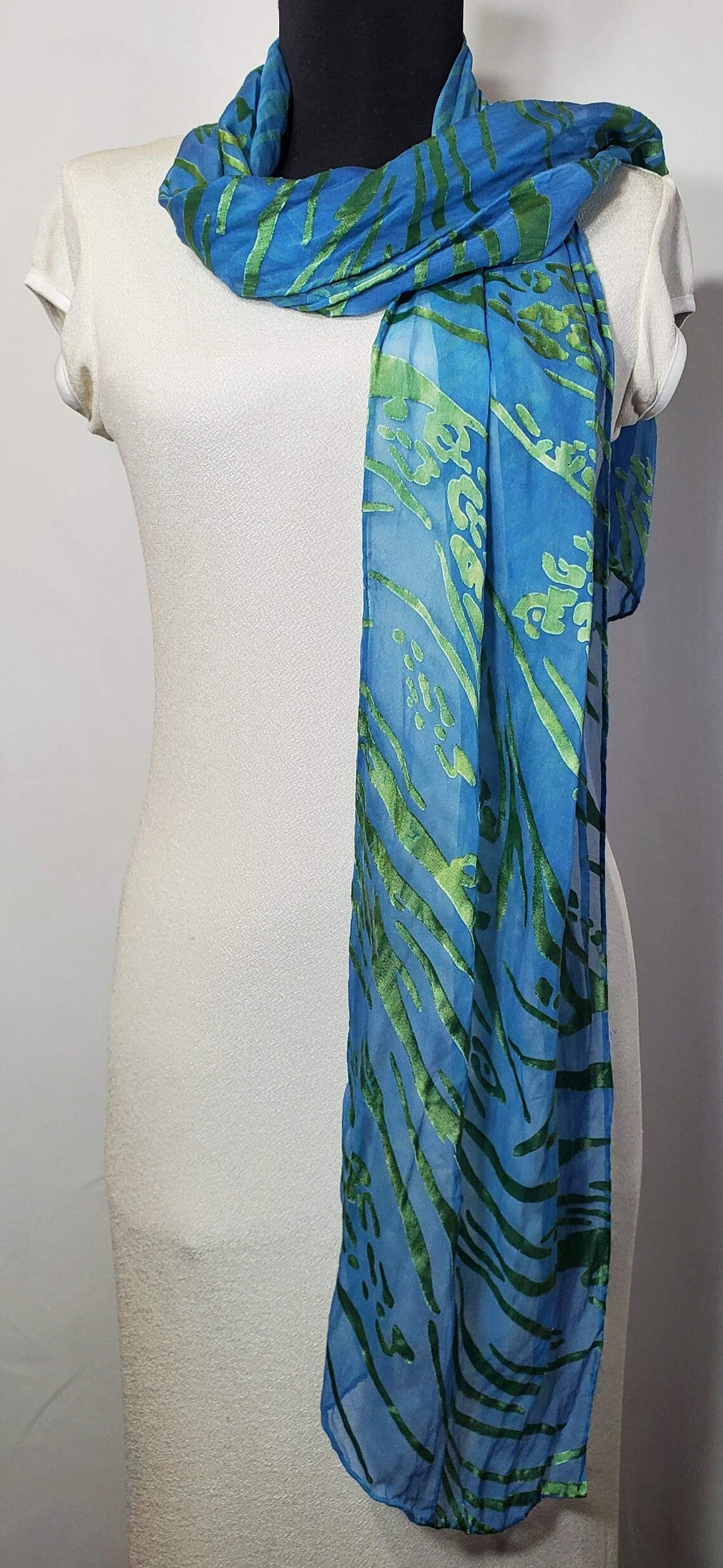 Blue and Green Satin Burnout Devore Scarf 14 X 72 Inches Silk and Rayon ...