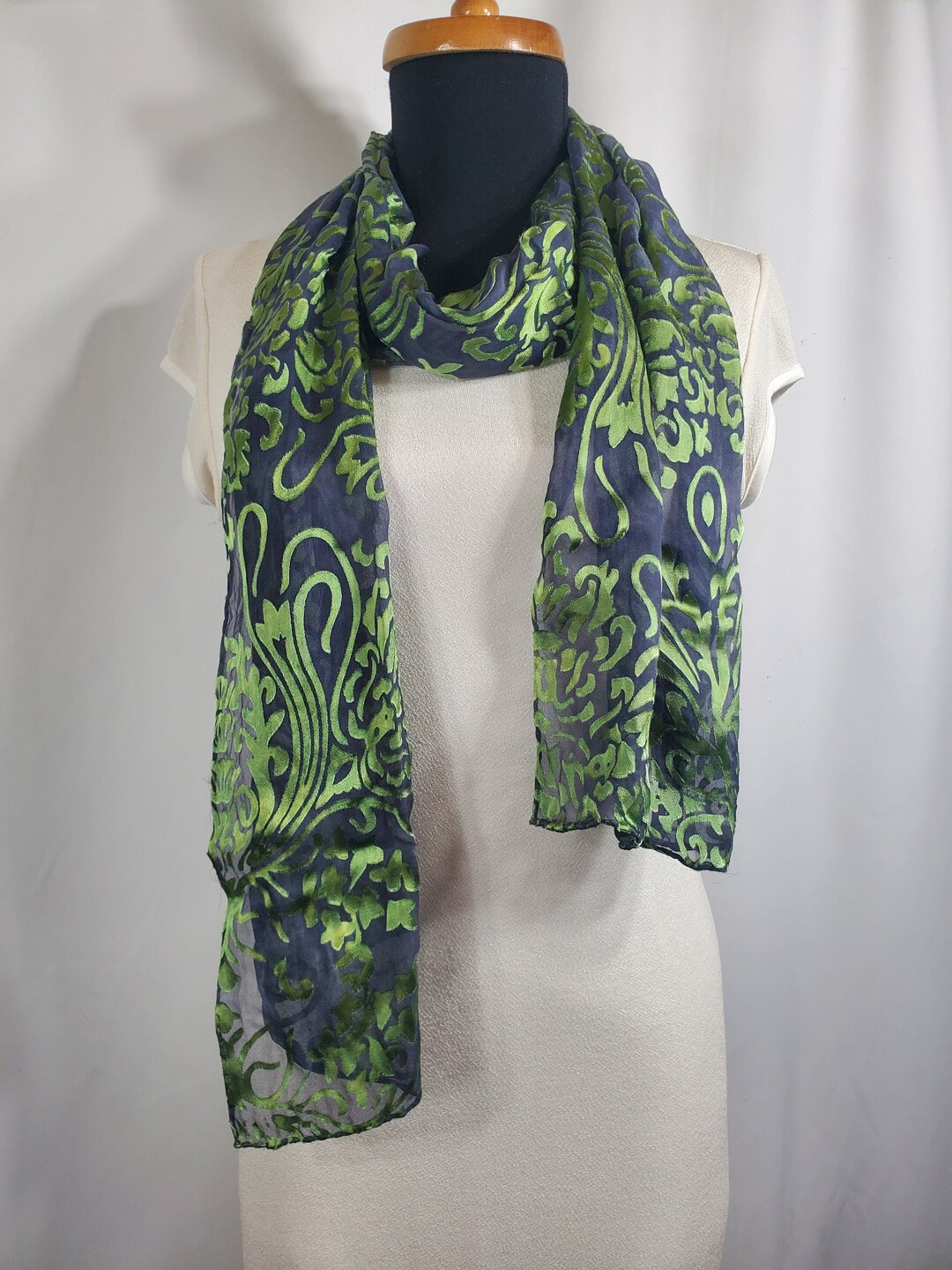 Green and Black Satin Burnout Devore Scarf | 14 X 72 Inches | Silk and ...