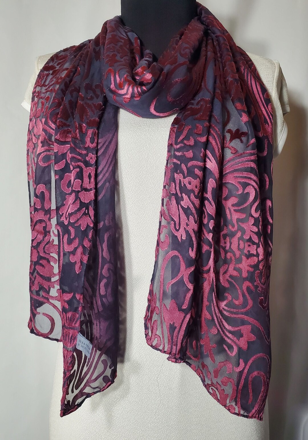 Purple and Black Satin Burnout Devore Scarf 14 X 72 Inches Silk and ...