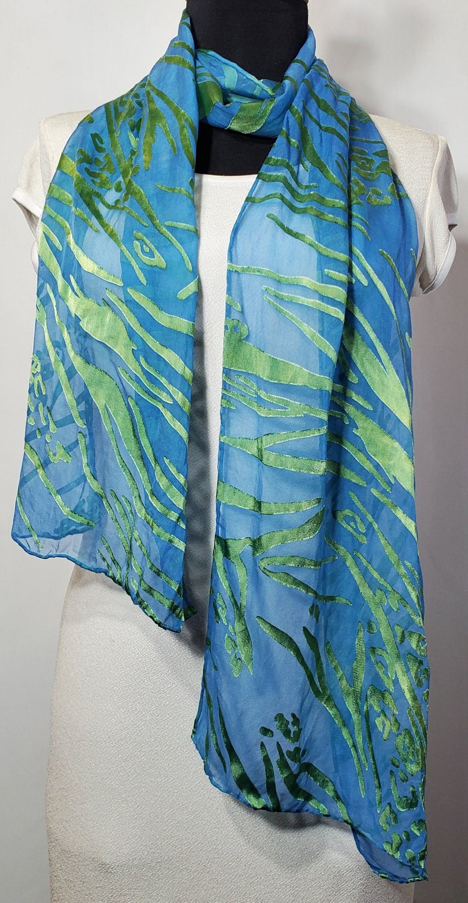 Blue and Green Satin Burnout Devore Scarf 14 X 72 Inches Silk and Rayon ...