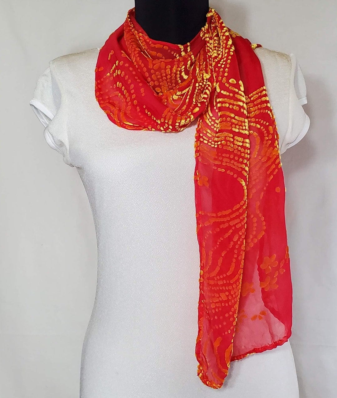 Red and Gold Velvet Burnout Devore Scarf | 11 X 60 Inches | Silk and ...