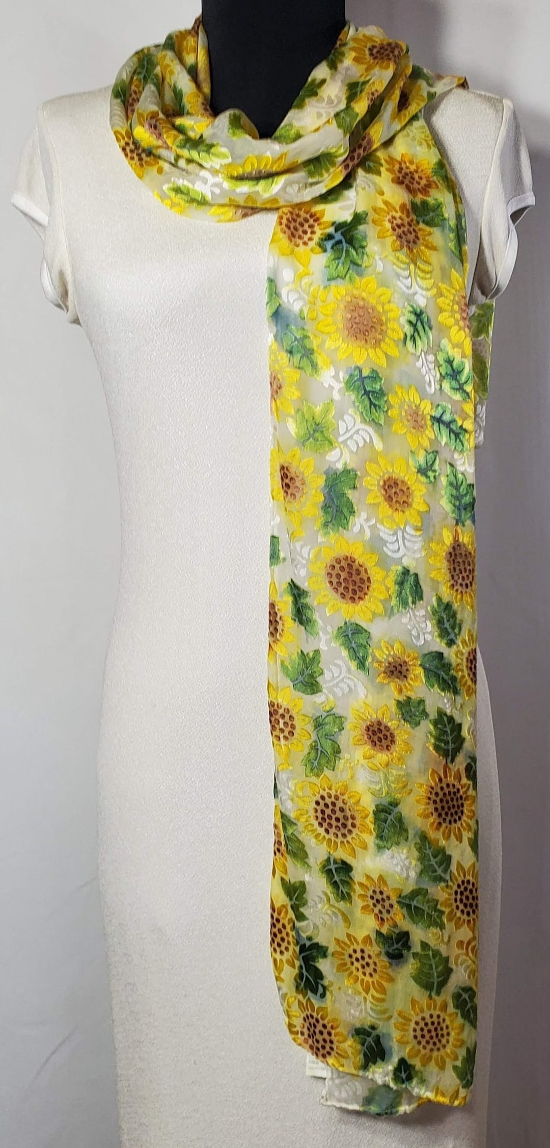 Yellow and Green Satin Burnout Devore Scarf 14 X 72 Inches Silk and ...