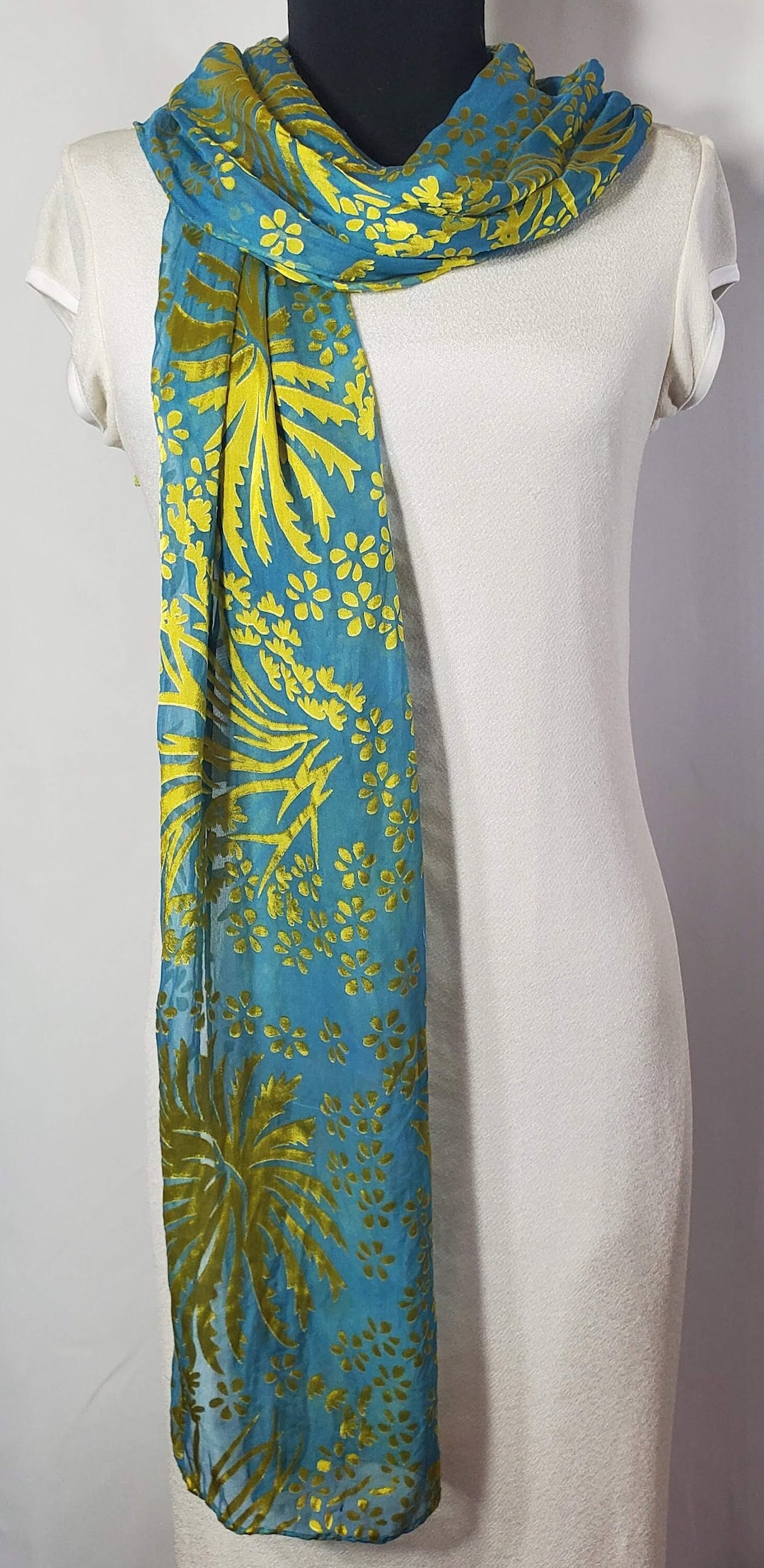 Teal Blue and Gold Satin Burnout Devore Scarf | 14 X 72 Inches | Silk ...