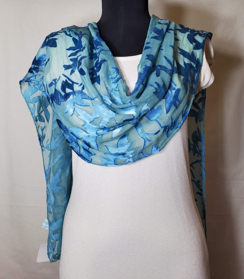 Blue and Green Satin Burnout Devore Scarf | 15 X 60 Inches | Silk and ...