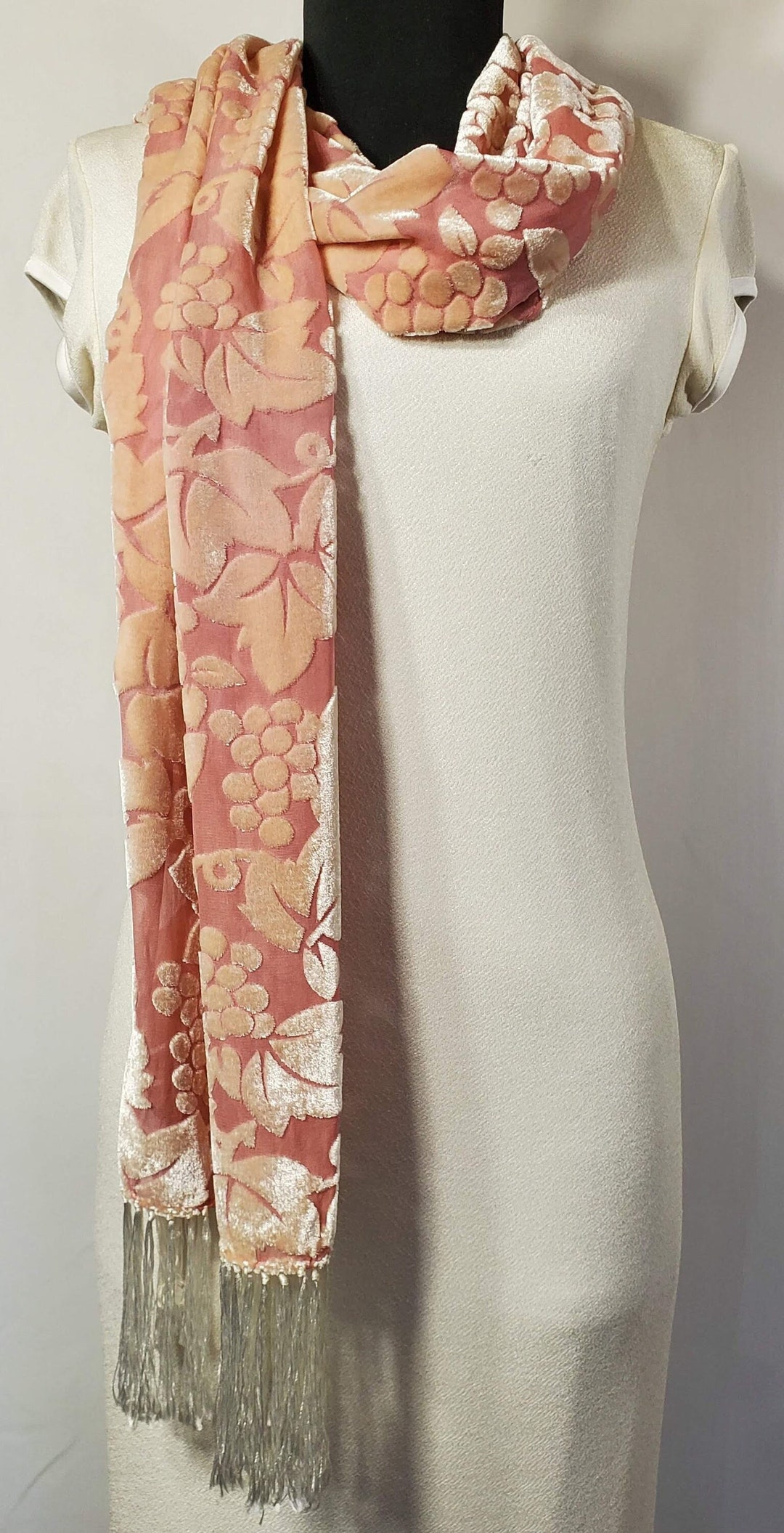 Pink Peach Velvet Burnout Devore Scarf | 14 X 72 Inches | Silk and ...