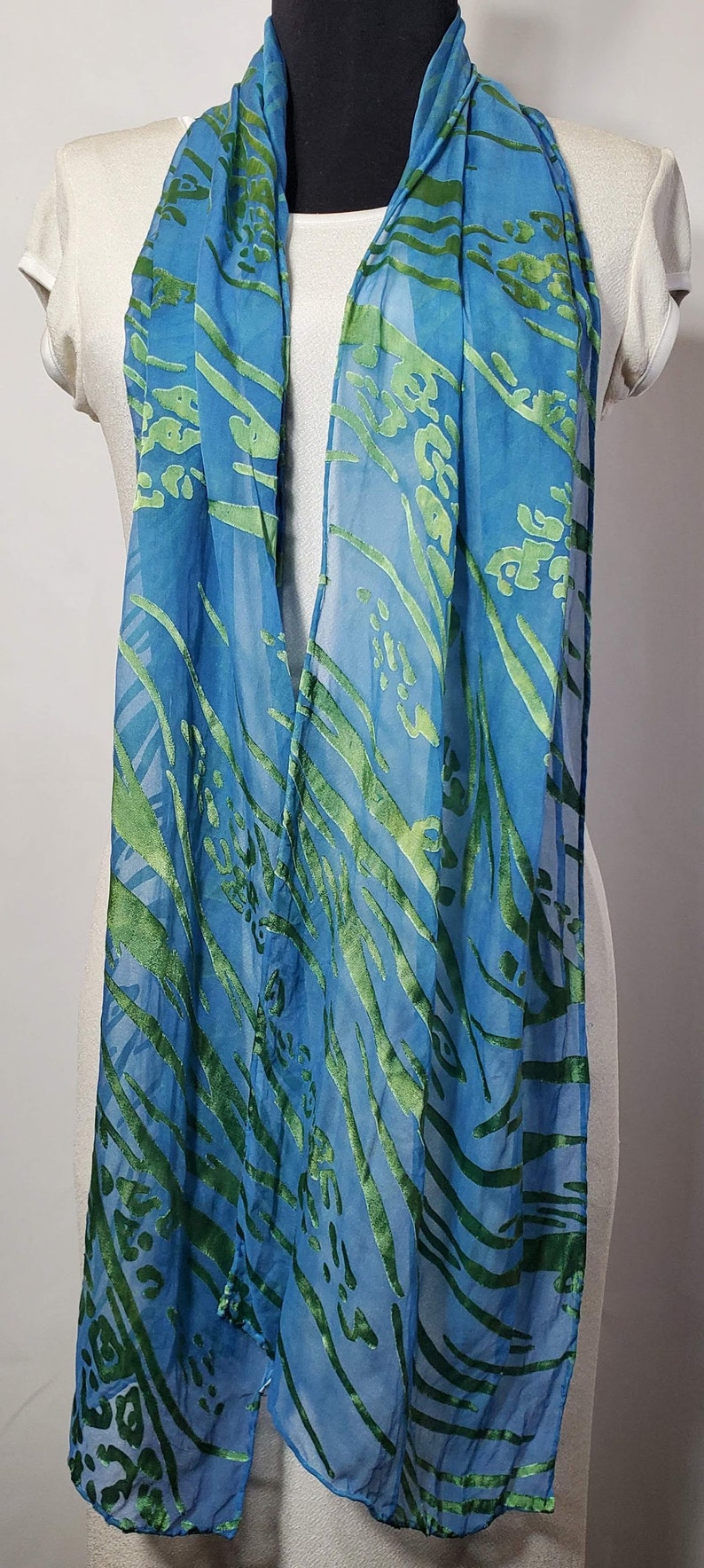 Blue and Green Satin Burnout Devore Scarf 14 X 72 Inches Silk and Rayon ...