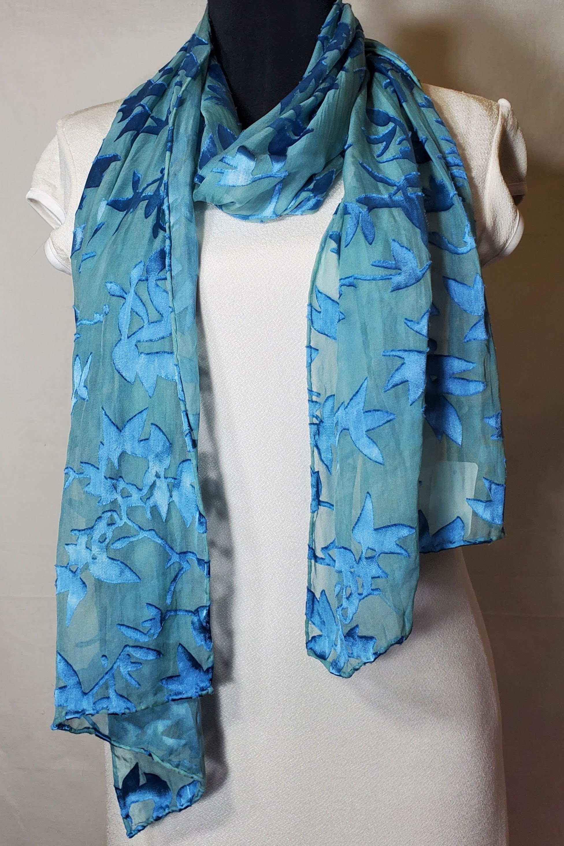 Blue and Green Satin Burnout Devore Scarf | 15 X 60 Inches | Silk and ...
