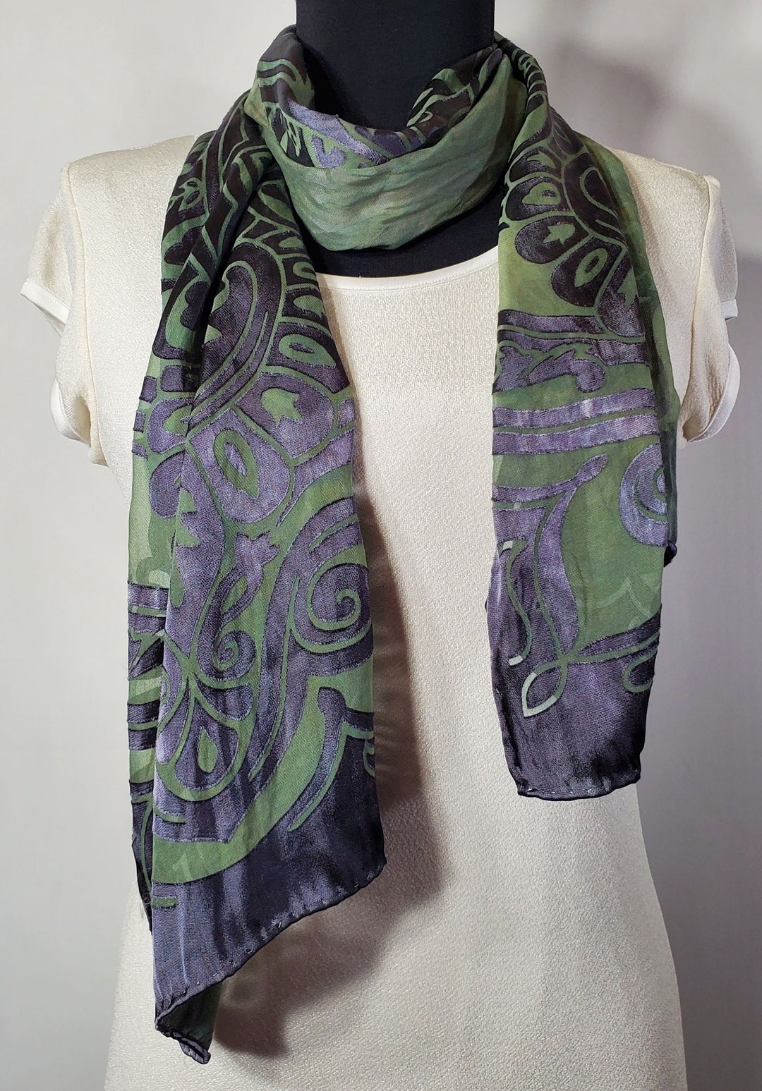 Green and Black Satin Burnout Devore Scarf | 15 X 60 Inches | Silk and ...