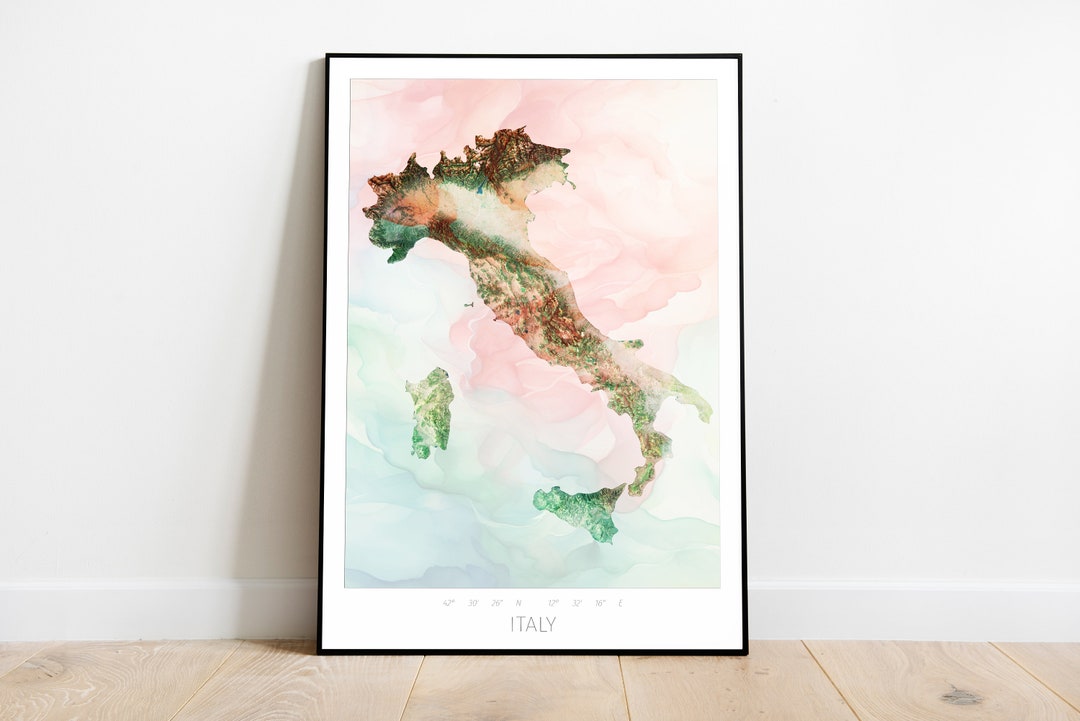 Minimalistic Watercolor Topographic Map of Italy 3D Satellite - Etsy
