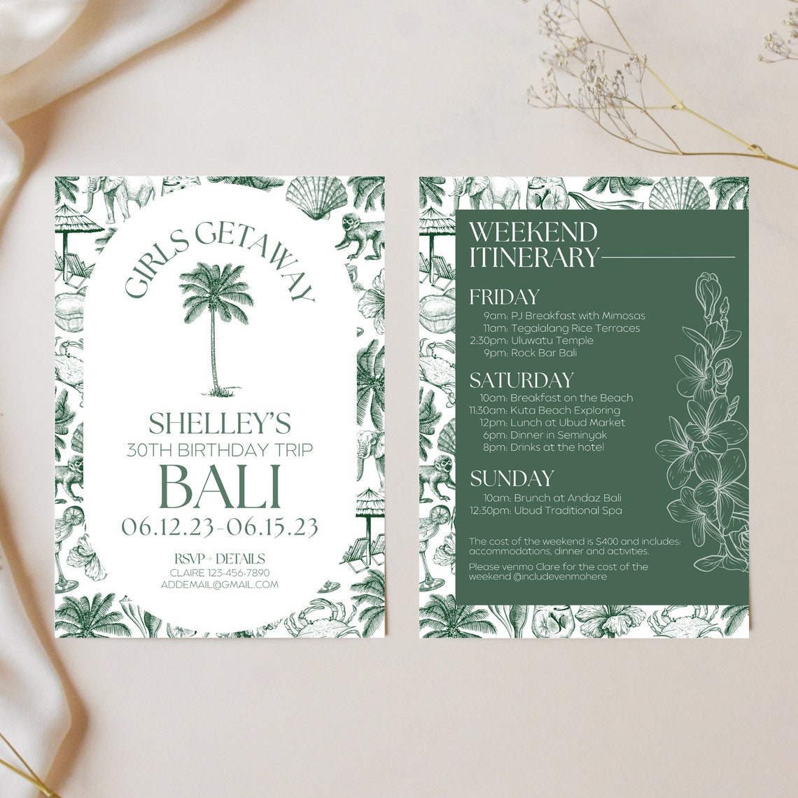 Bali Birthday Trip Invitation and Itinerary Template, Tropical Weekend ...