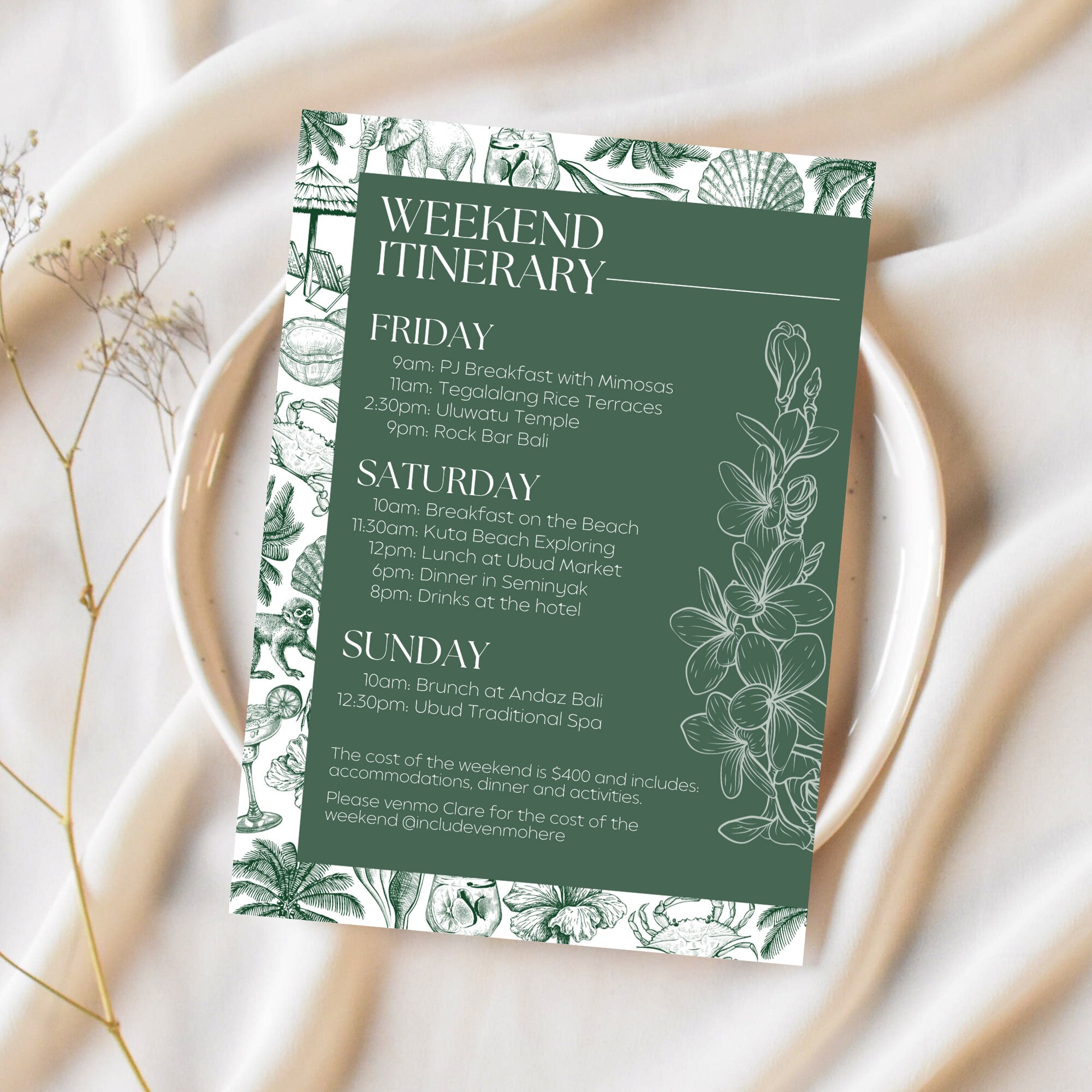 Bali Birthday Trip Invitation and Itinerary Template, Tropical Weekend ...