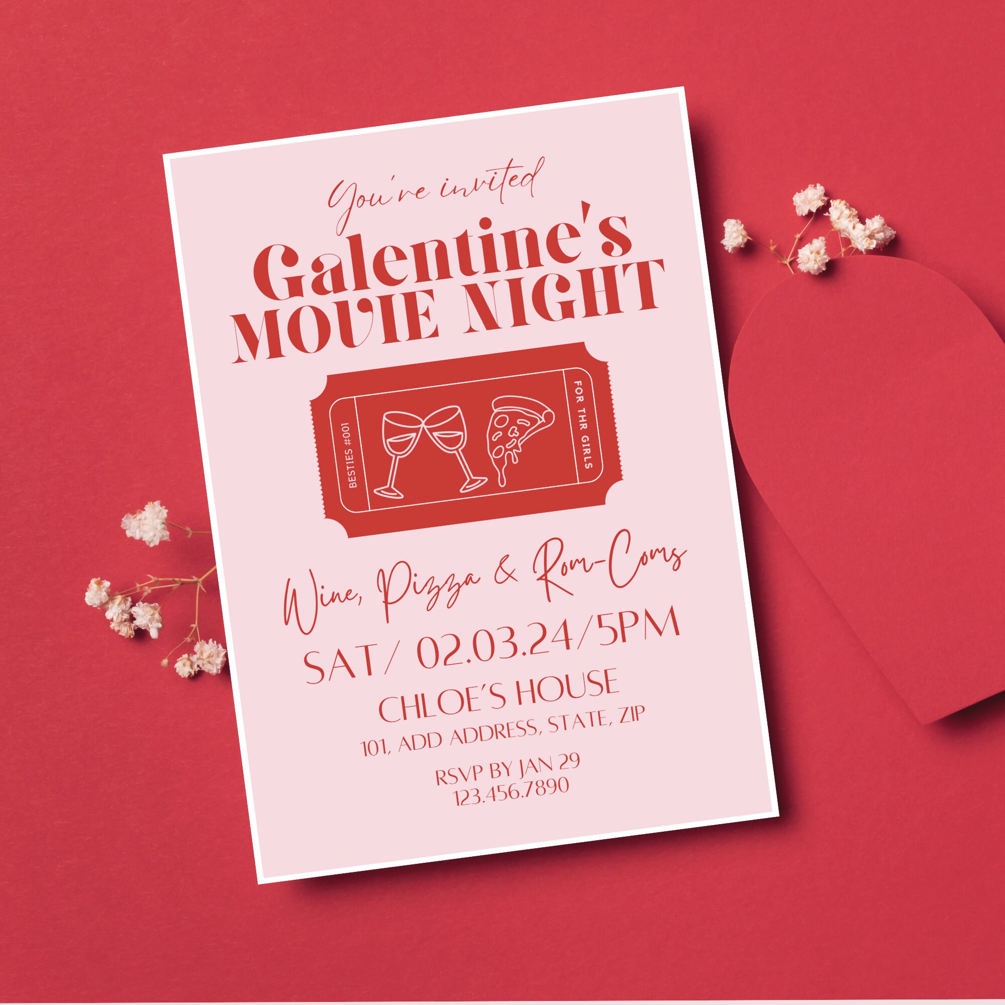 Galentine's Movie Night Invitation, Friends Valentine's Day Party ...