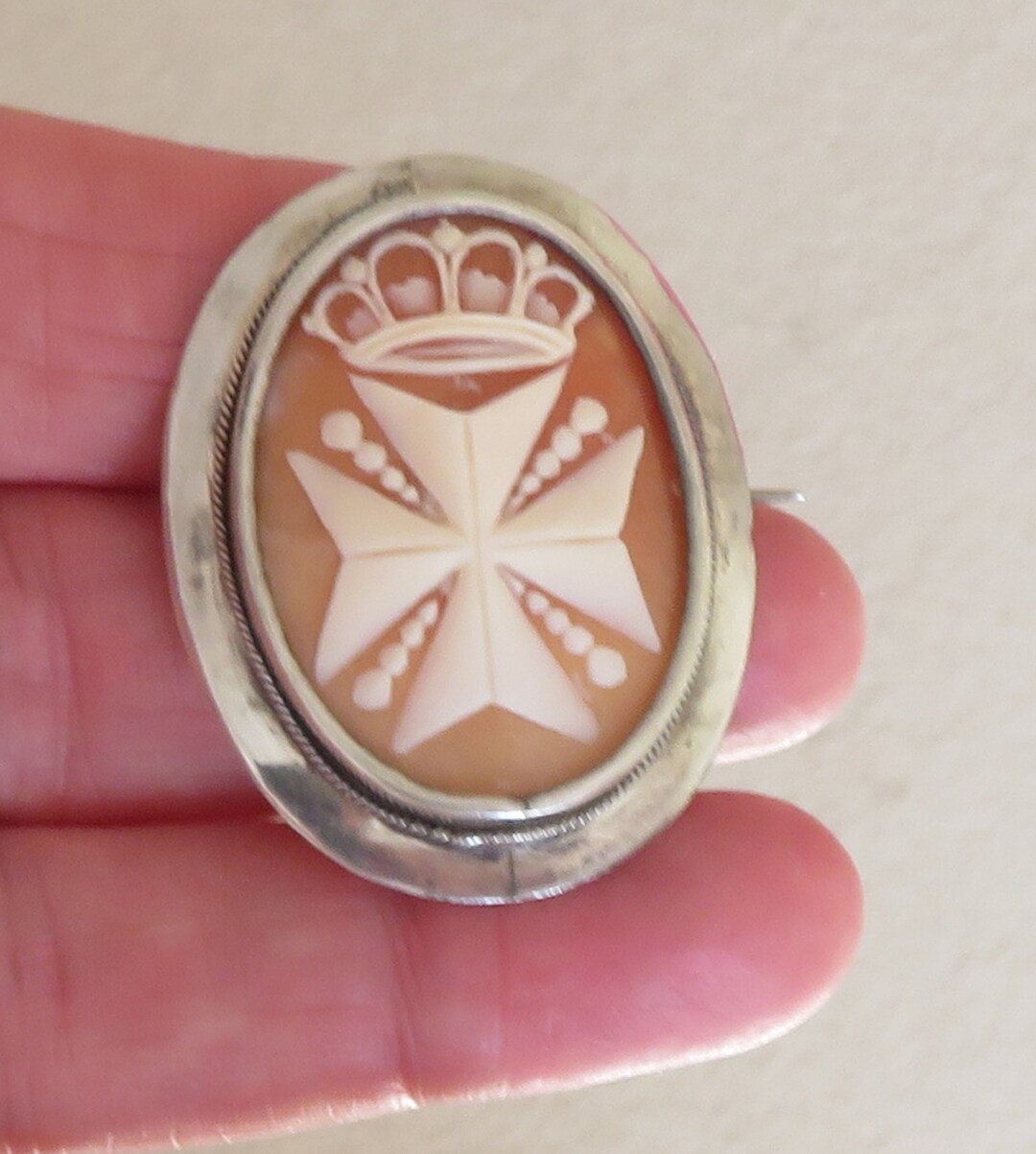Maltese 917 Silver Carved Shell Maltese Cross and Crown Cameo Brooch ...
