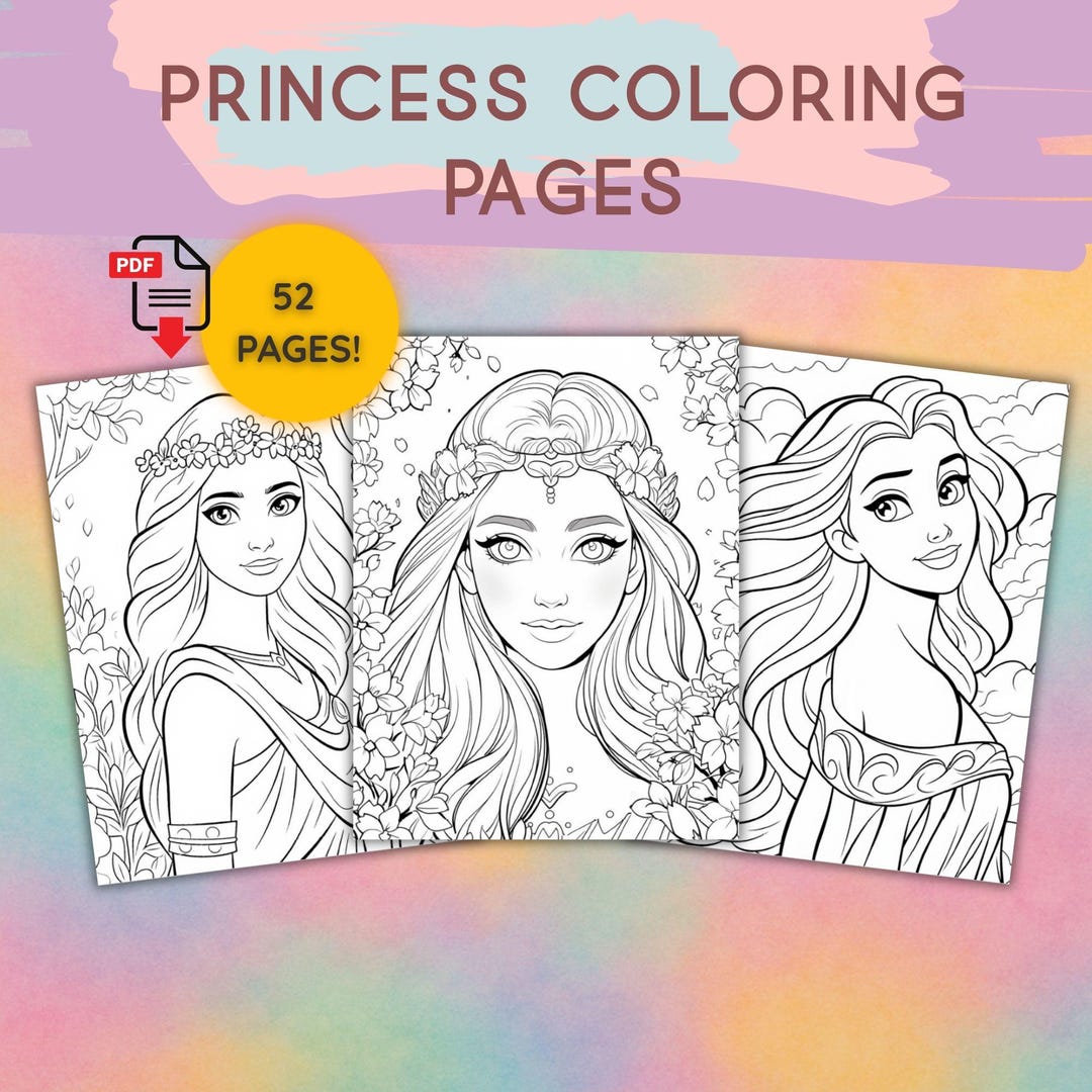 Princess Coloring Pages, 52 Printable Illustrations (digital Download ...