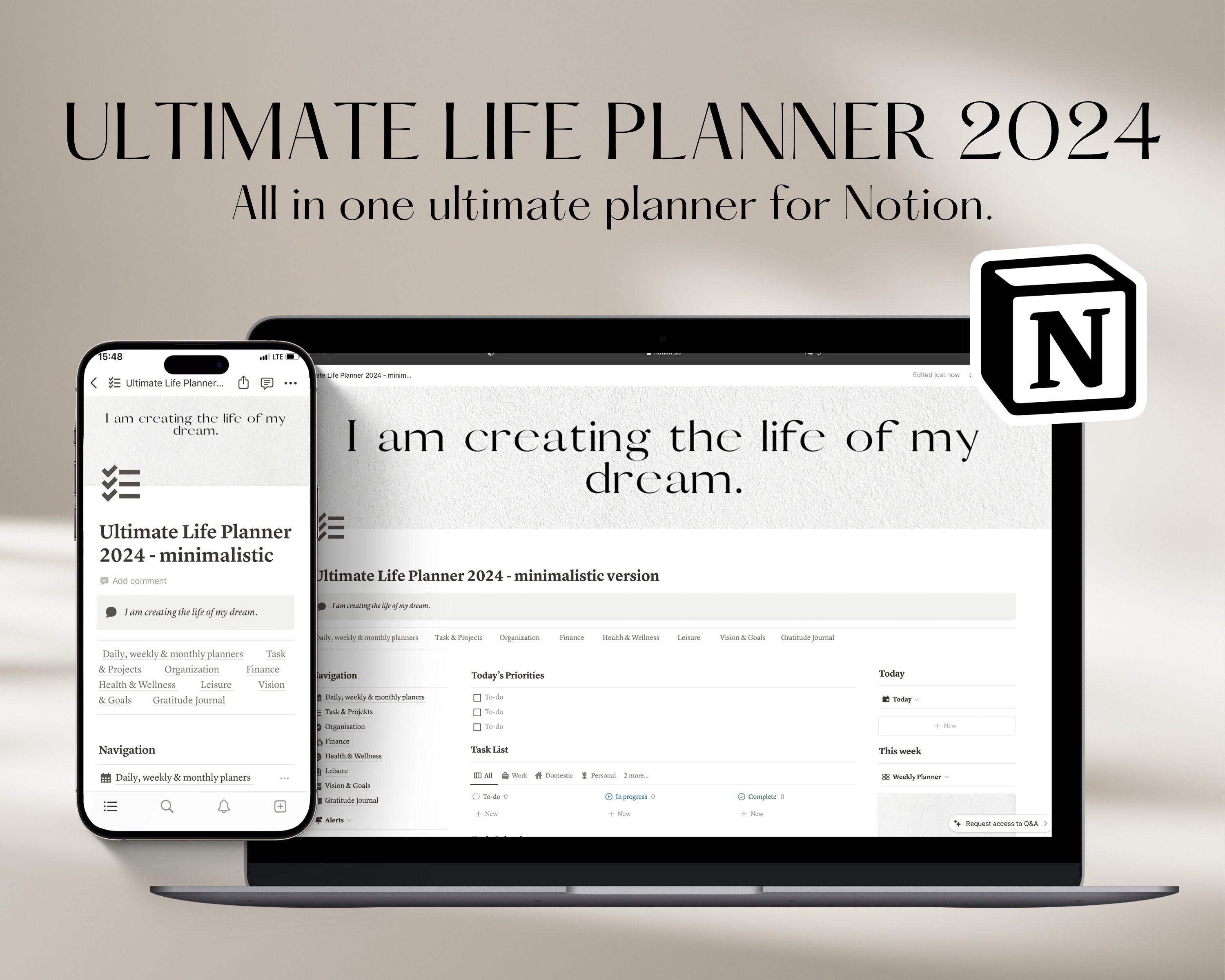 2024 Notion Life Planner Template, All in One Notion Dashboard, That Girl Aesthetic Notion ...