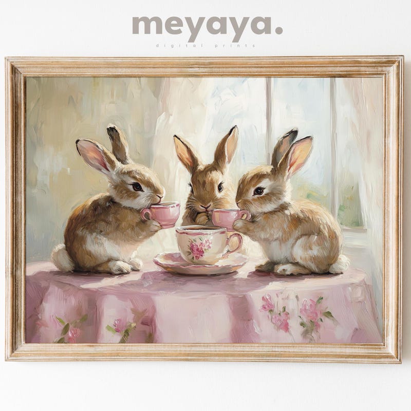 Bunny Tea Party Painting - Etsy UK