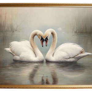 Vintage Swans Print Oil Painting PRINTABLE Wall Art Heart Swans Print ...