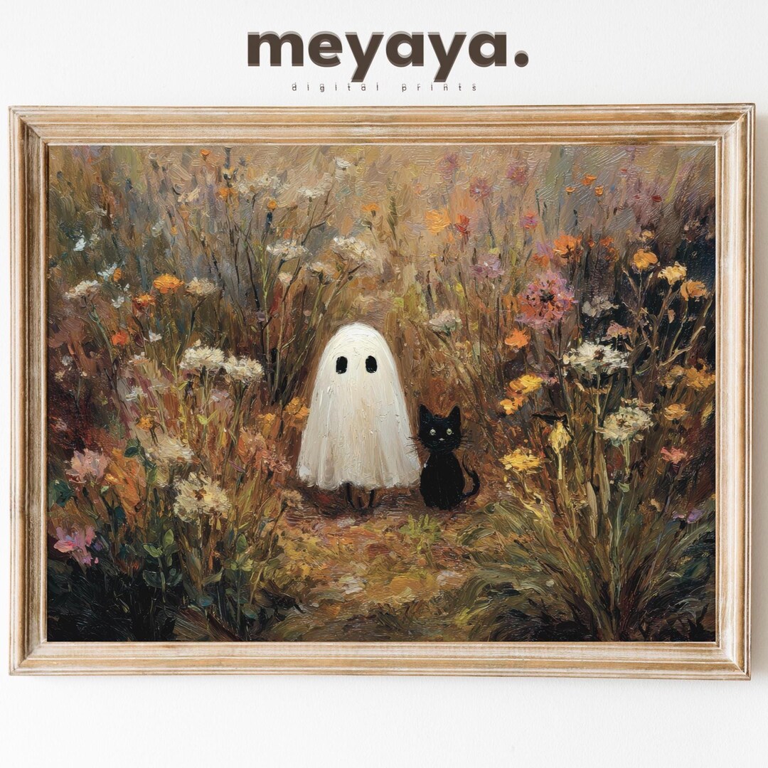 Ghost & Cat Wildflower Field Print: Spooky Cottagecore Halloween Wall ...