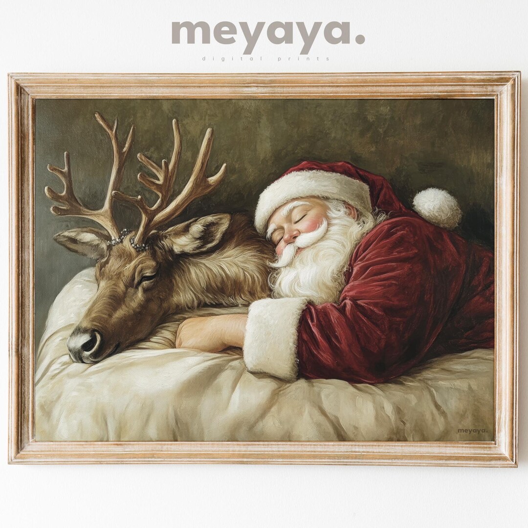 Bedtime Santa Painting, Rustic Holiday Decor, Sleepy Reindeer Print ...