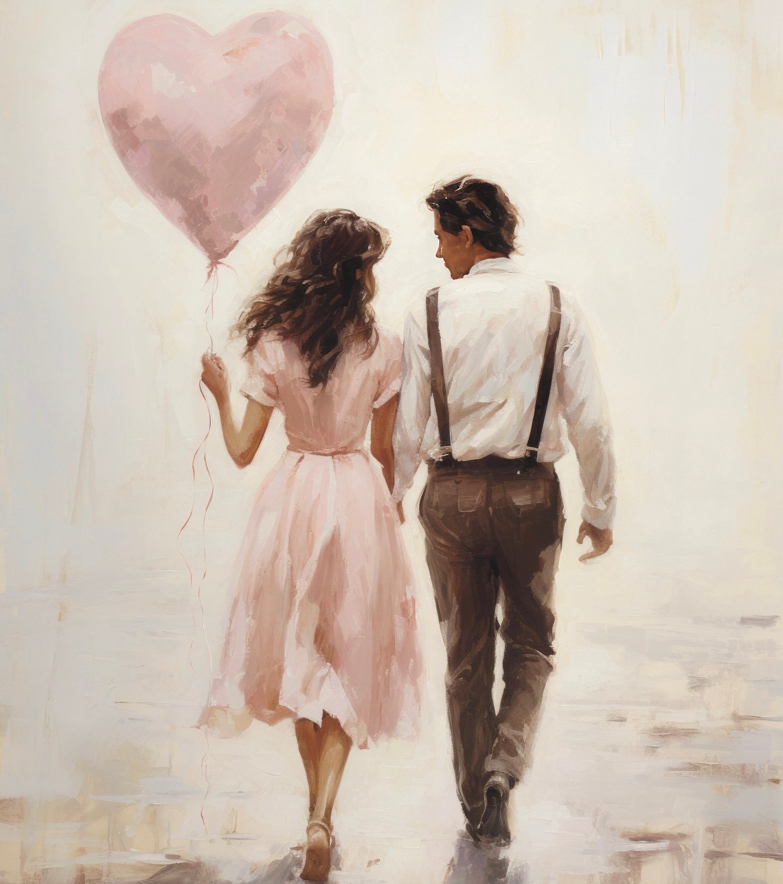 Romantic Walk Pink Heart Valentines Day Painting, Valentines Gift Decor ...