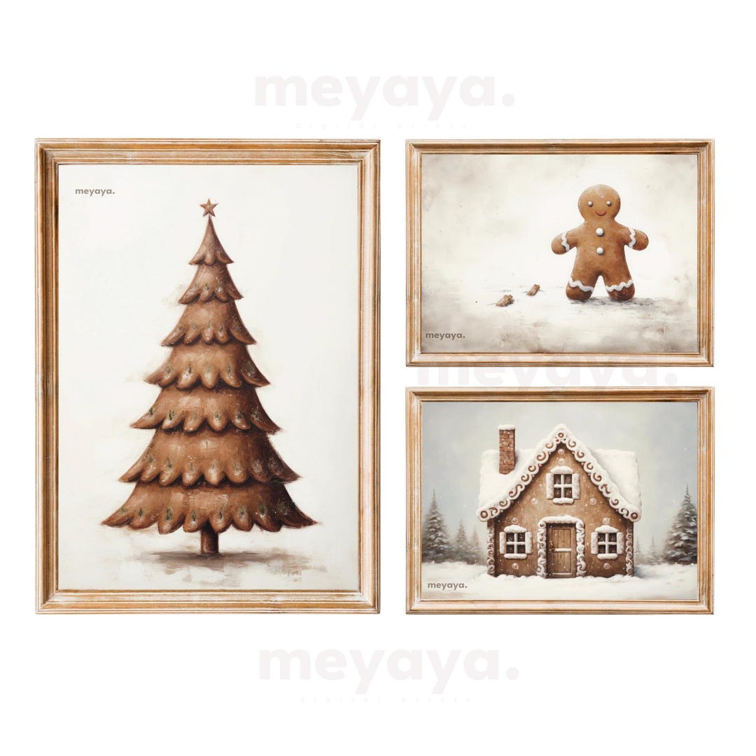Set of 3 Christmas Gingerbread Print, Vintage Christmas Painting ...
