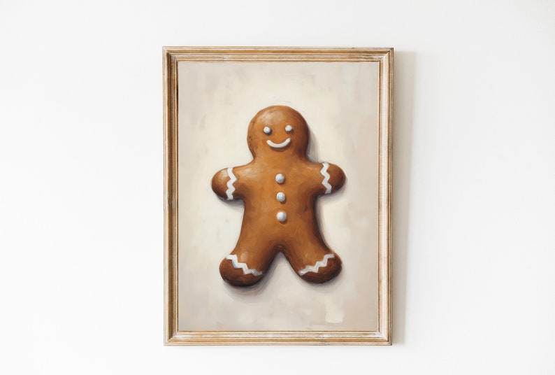 Gingerbread Man Christmas Vintage Oil Painting Digital Wall Art Rustic ...