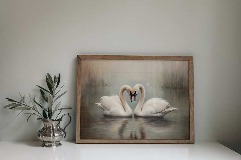 Vintage Swans Print Oil Painting PRINTABLE Wall Art Heart Swans Print ...
