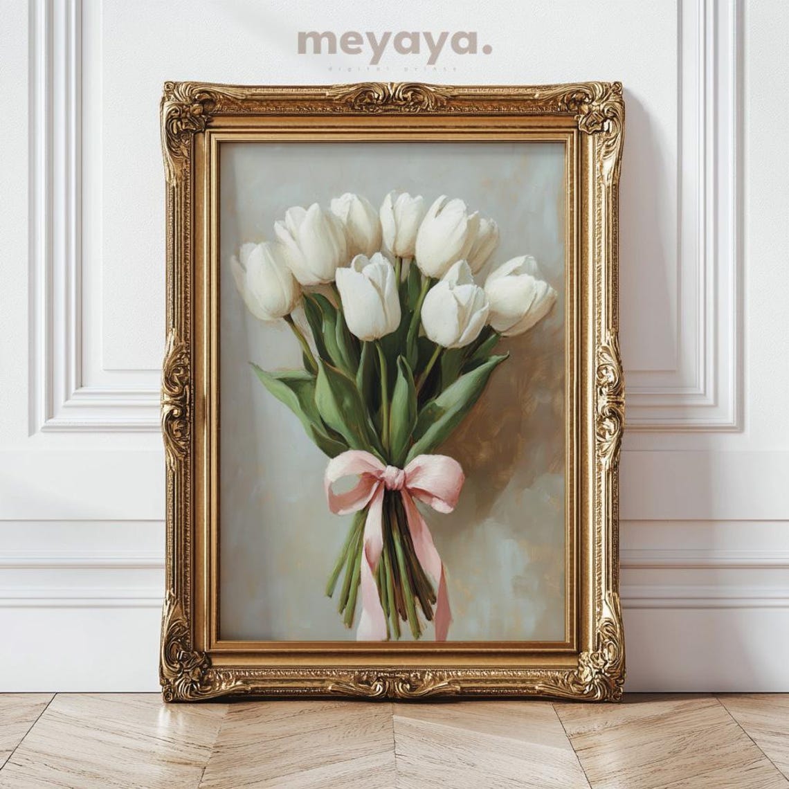 Tulips Pink Bow Painting: Light Academia Spring Print, Girly Dorm Decor ...