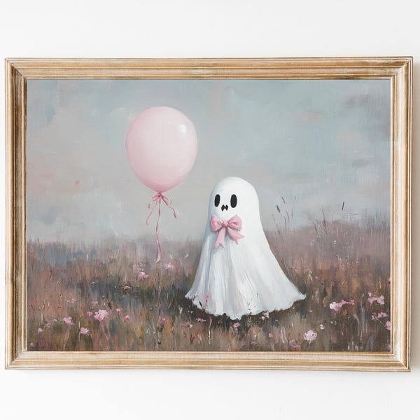 Halloween Cute Ghost Reading in Flower Field, Spooky Ghost Print ...