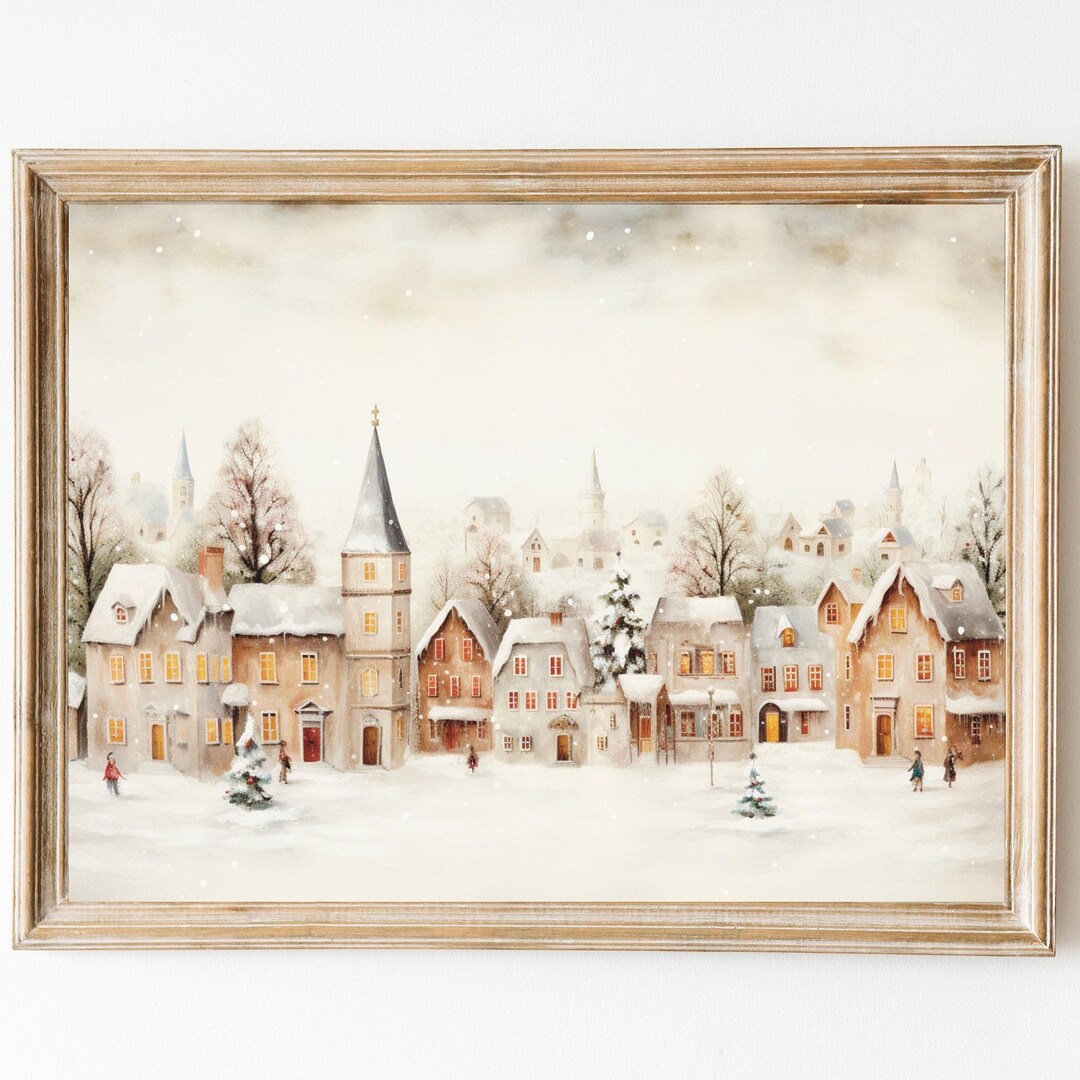 Christmas Winter Village Painting, Holiday Decor, Winter Town Wall Art ...