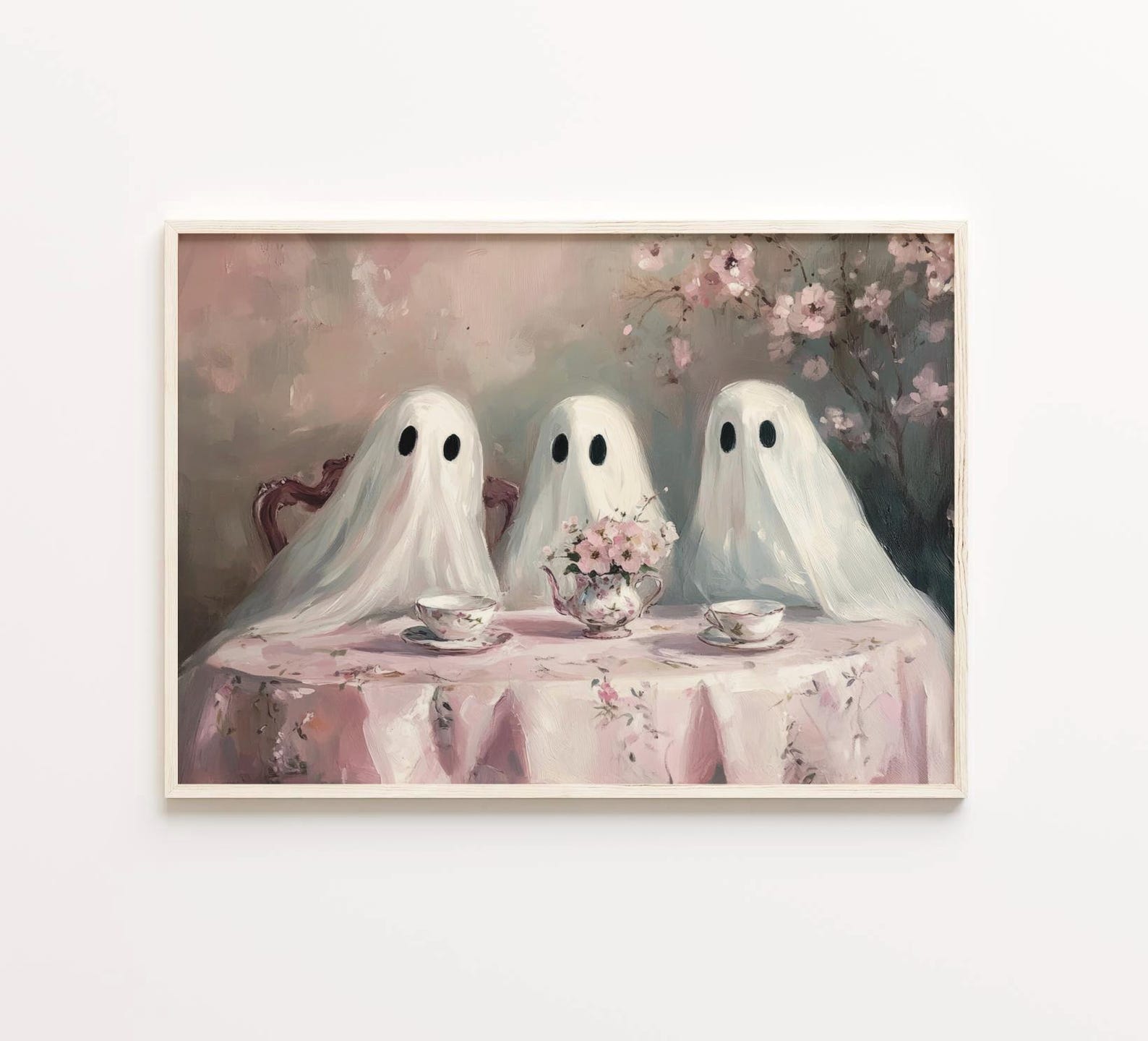 Vintage Ghost Tea Party Print, Pink Halloween Decor, Coquette Halloween ...