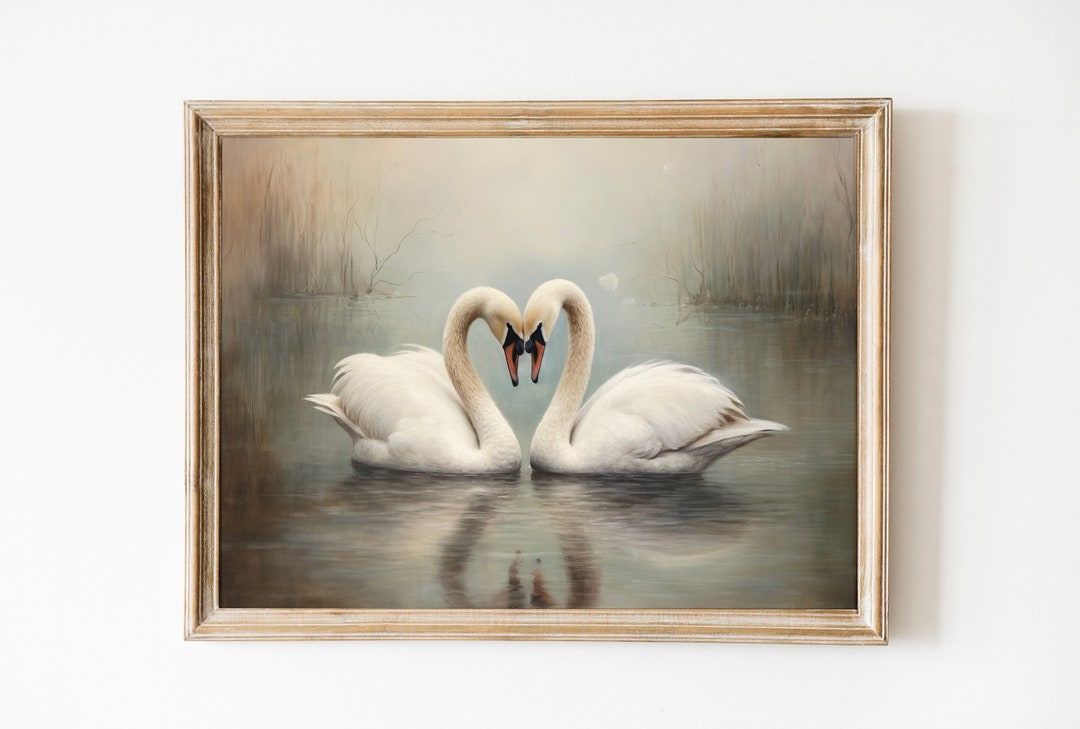 Vintage Swans Print Oil Painting PRINTABLE Wall Art Heart Swans Print ...