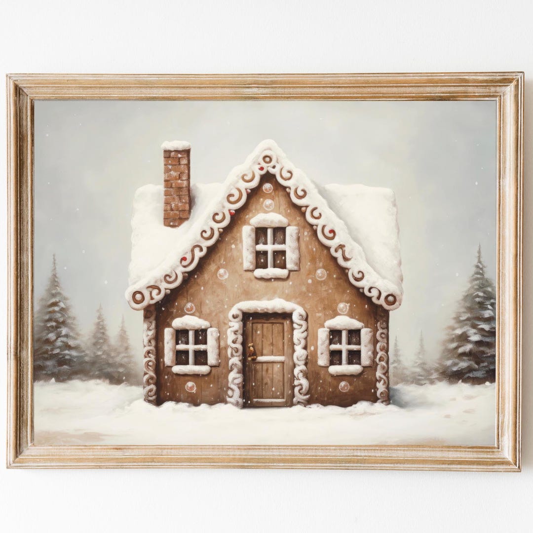 Gingerbread House Oil Painting: Vintage Christmas Print. Winter Holiday ...