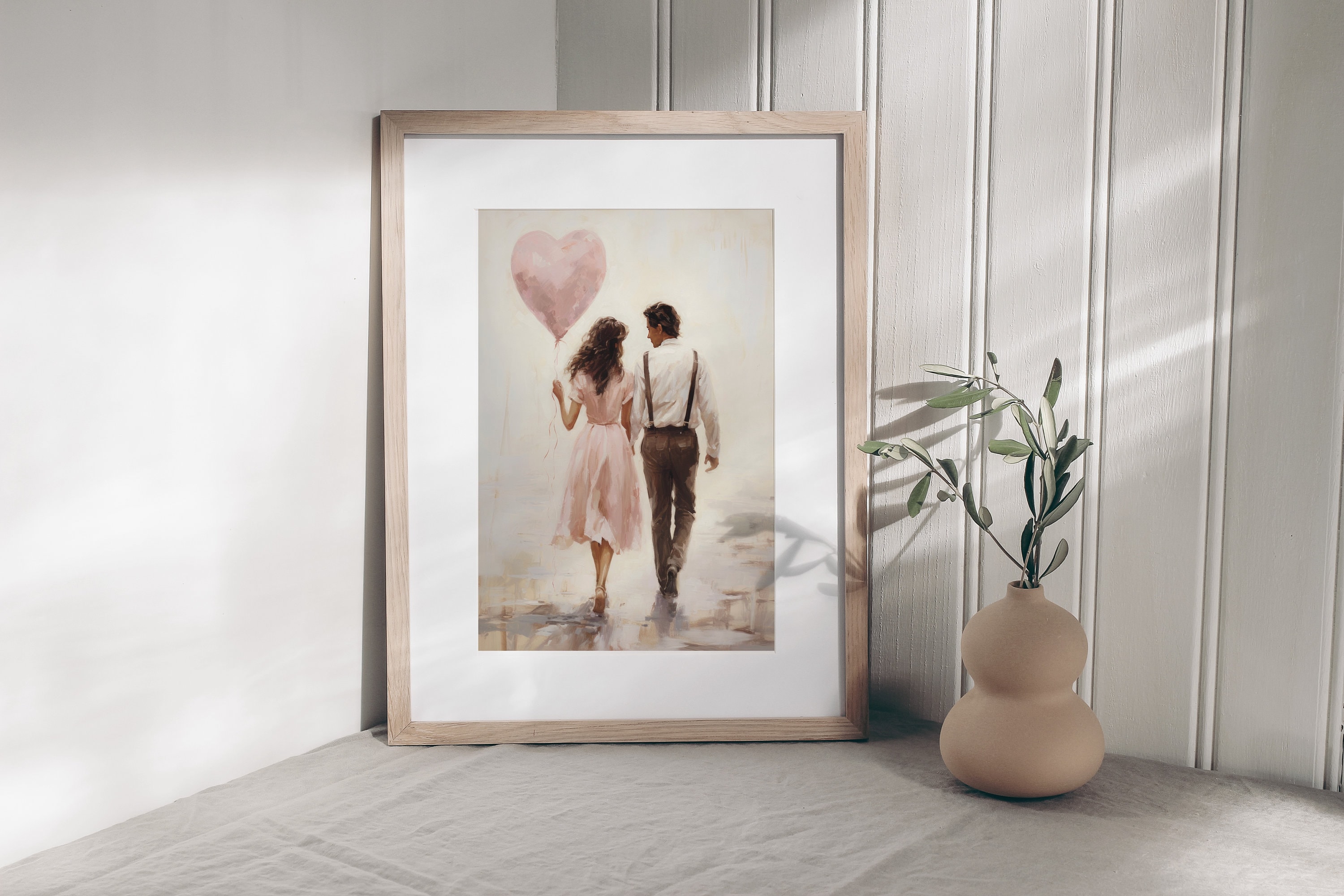 Romantic Walk Pink Heart Valentines Day Painting, Valentines Gift Decor ...