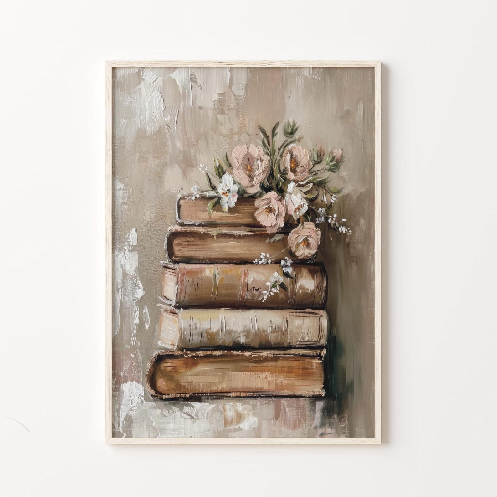 Rustic Spring Floral Book Stack Print Art, Vintage Academia Painting ...