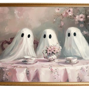 Vintage Ghost Tea Party Print, Pink Halloween Decor, Coquette Halloween ...