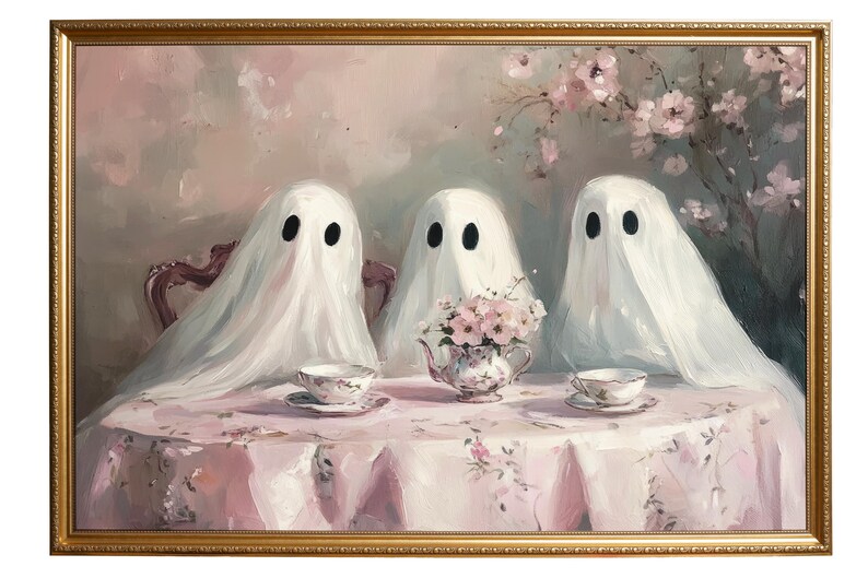 Vintage Ghost Tea Party Print, Pink Halloween Decor, Coquette Halloween ...