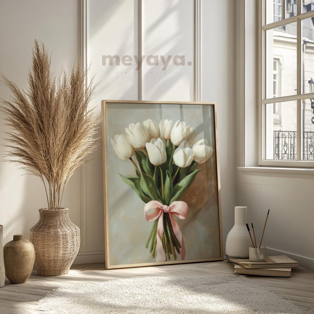 Tulips Pink Bow Painting: Light Academia Spring Print, Girly Dorm Decor ...
