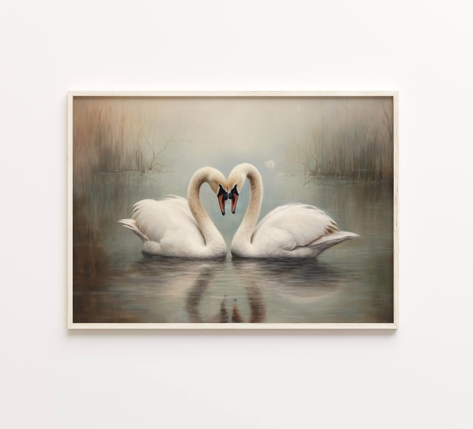 Vintage Swans Print Oil Painting PRINTABLE Wall Art Heart Swans Print ...