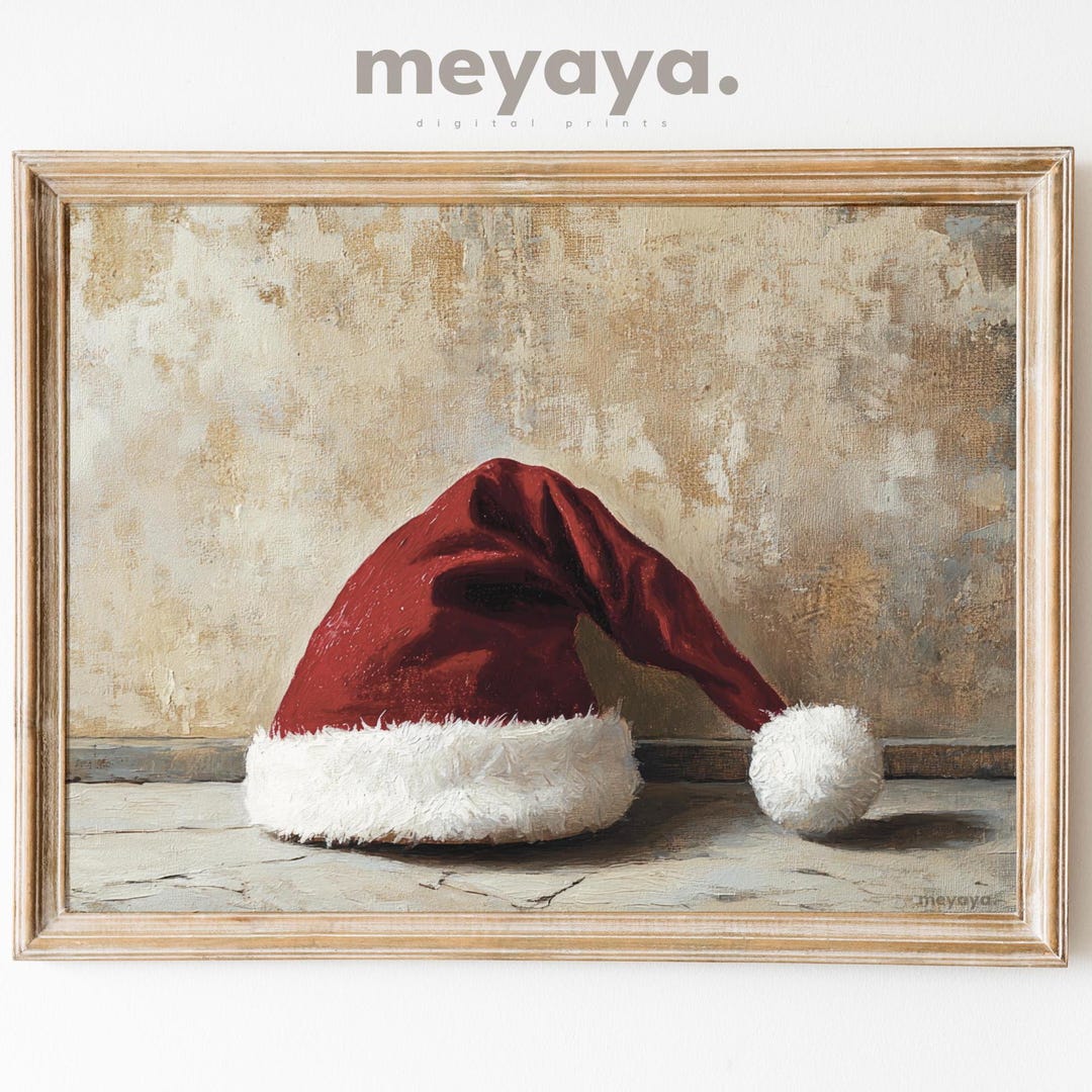Christmas Santa Hat Print, Holiday Decor, Vintage Santa Hat Painting ...
