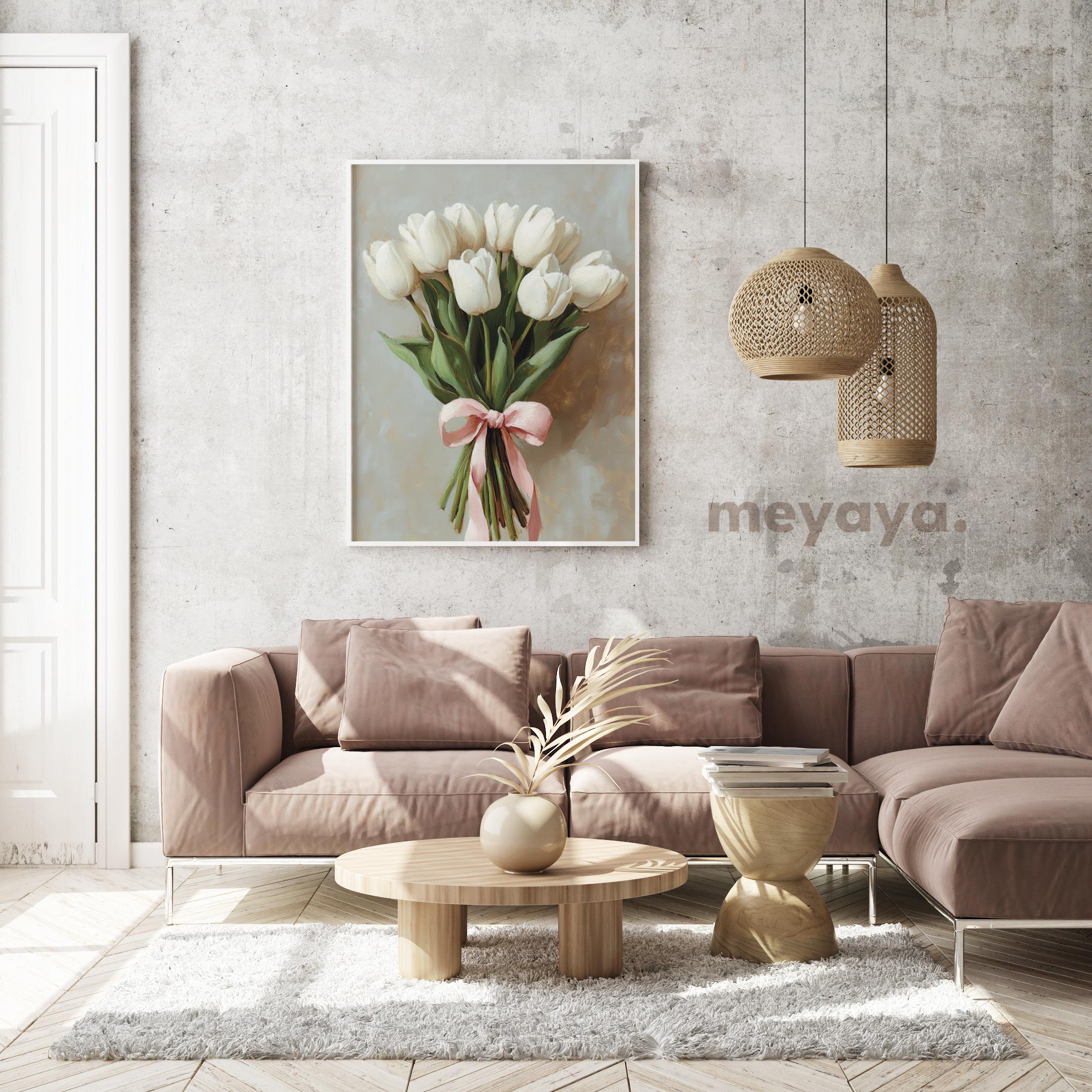 Tulips Pink Bow Painting: Light Academia Spring Print, Girly Dorm Decor ...