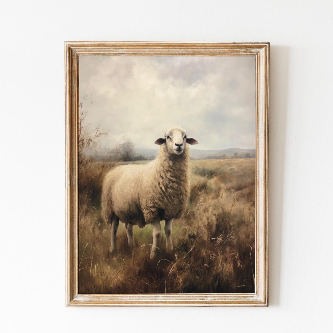 Vintage Sheep Painting, Sheep Print, Rustic Farmhouse Decor, Neutral ...