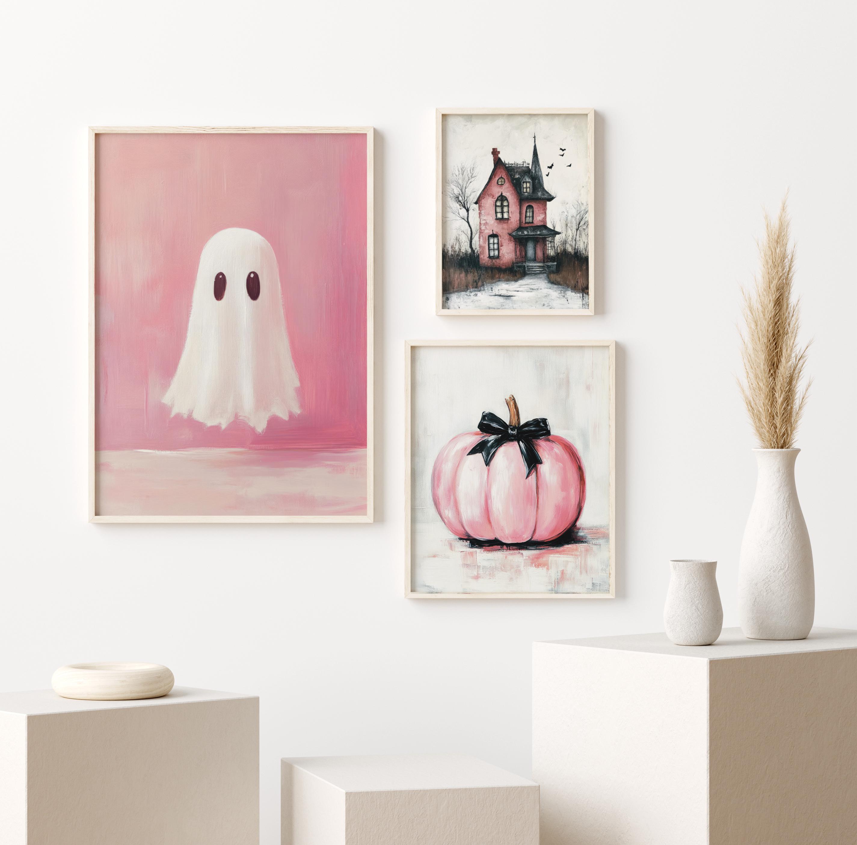 Pink Halloween Haunted House Wall Art Girly Halloween Printable Spooky ...