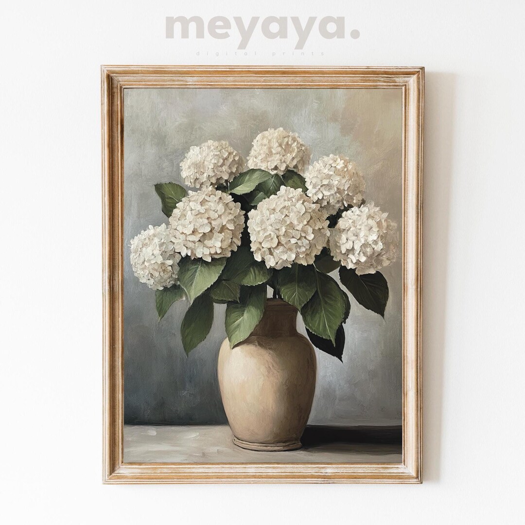 Vintage White Hydrangeas Print Painting, Living Room Art, Still Life ...